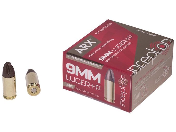 Inceptor Preferred Defense Ammo 9mm Luger +P 65 Grain ARX Lead-Free
