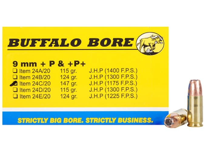 Buffalo Bore Ammo 9mm Luger +P+ 147 Grain Jacketed Hollow Point Box of