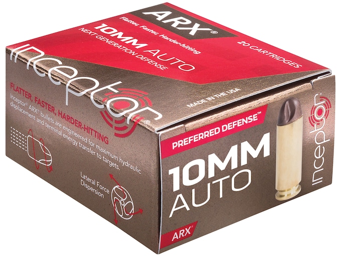 Inceptor Preferred Defense Ammo 10mm Auto 90 Grain ARX Lead-Free Case