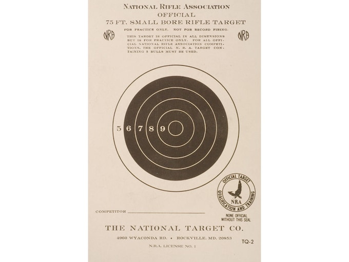 NRA Official Smallbore Rifle Training Targets TQ-2 75' Paper 100PK