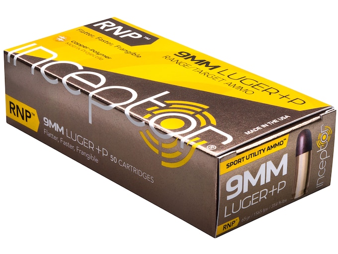 Inceptor Sport Utility Ammo 9mm Luger +P 65 Grain RNP Frangible