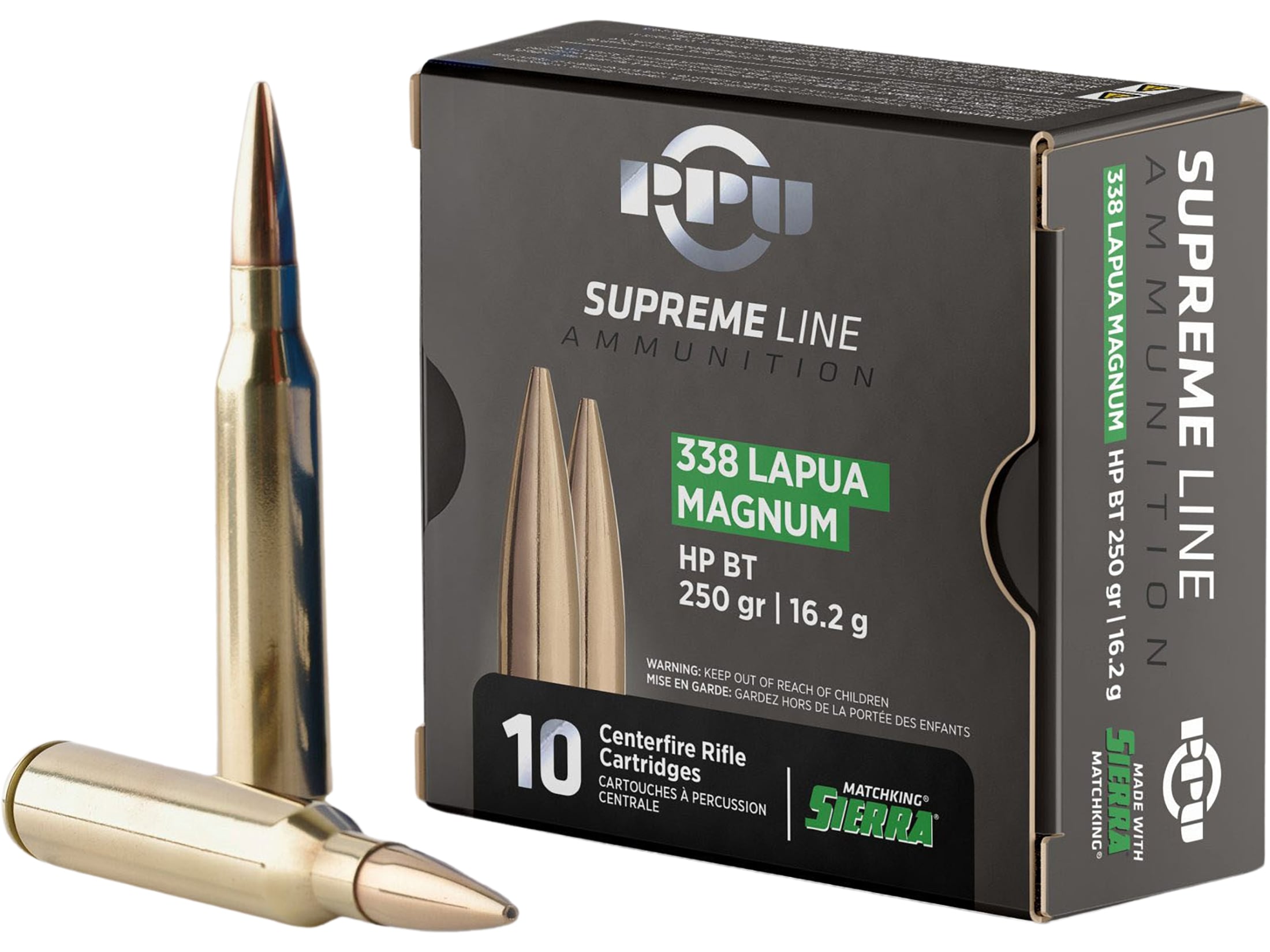 PPU 338 Lapua Mag Ammo 250 Grain Jacketed Hollow Point Box of 10