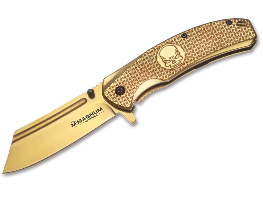 Boker Mag Golden Skull Folding Knife 3.39 Sheepsfoot 440A Stainless