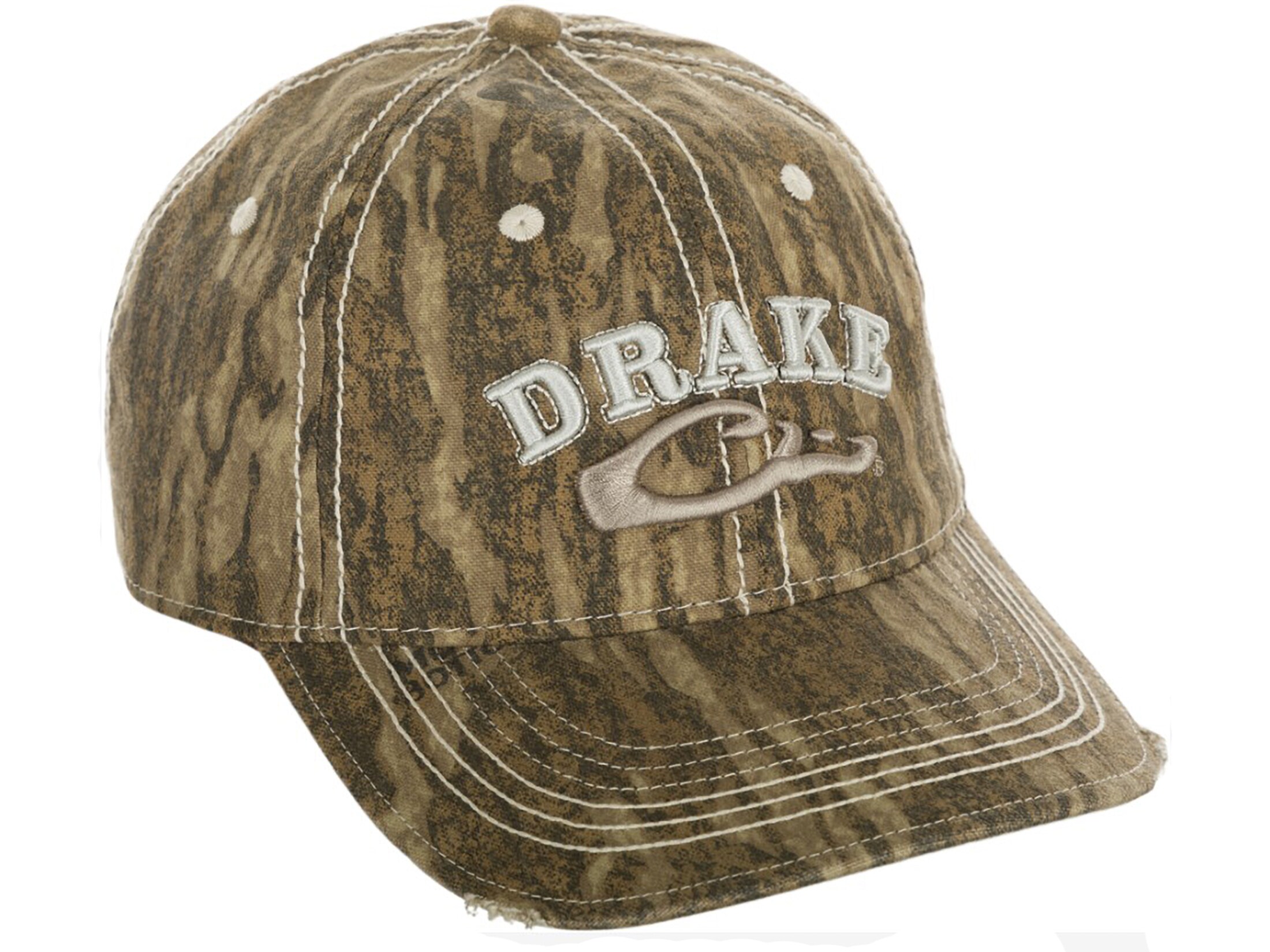 Drake Men's Distressed 6 Panel Hat Mossy Oak Bottomland One Size Fits
