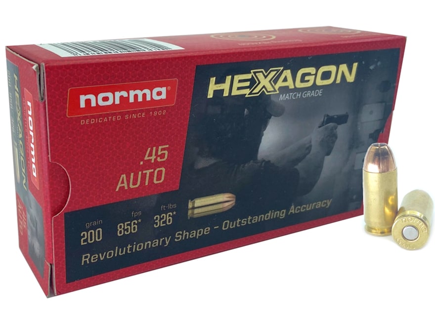 Norma Hexagon 45 ACP Ammo 200 Grain Norma Hexagon Jacketed Hollow