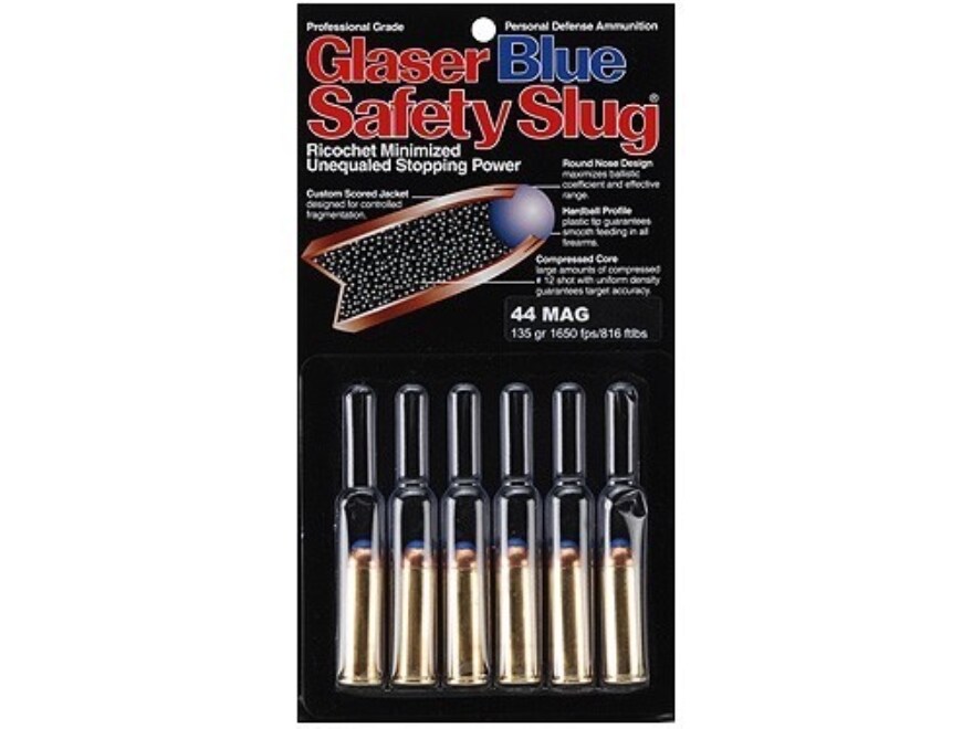 Glaser Blue Safety Slug Ammo 44 Remington Mag 135 Grain Safety Slug