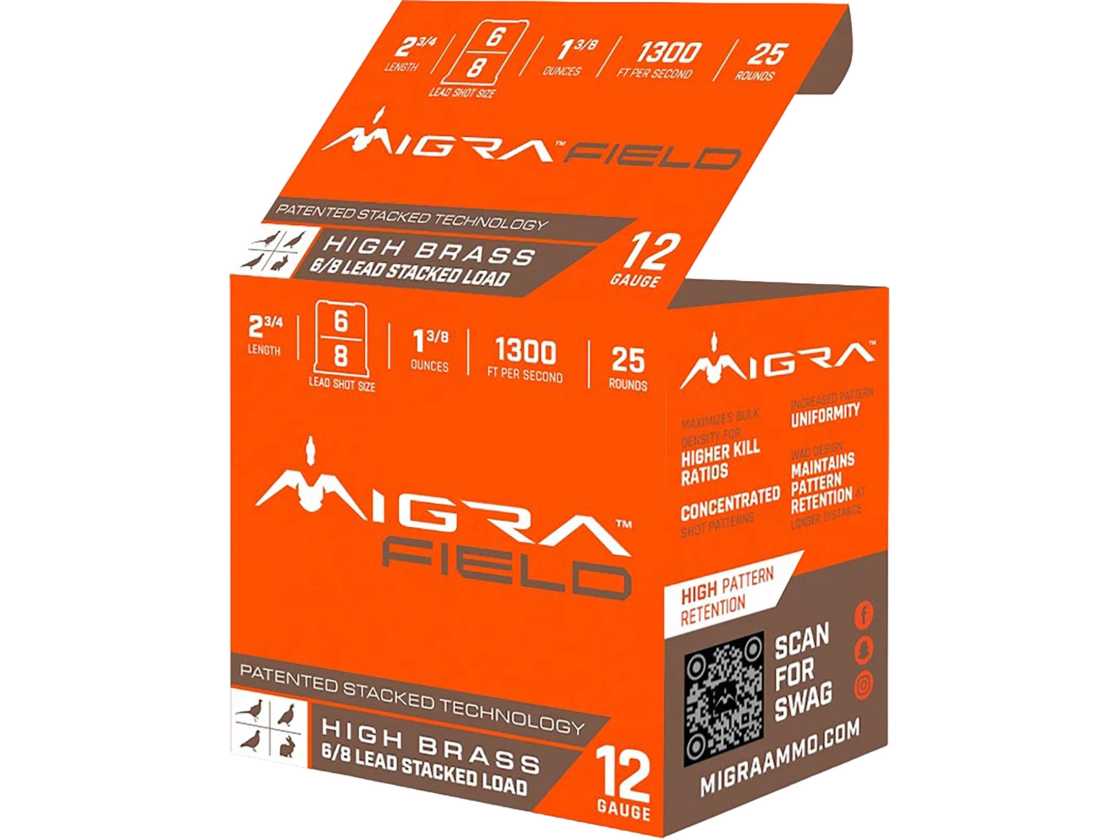 Migra Field High Brass 12 Ga Ammo 2-3/4 #6 #8 Lead Shot 1-3/8oz Case