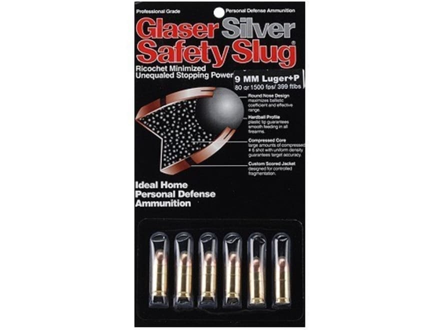 Glaser Silver Safety Slug Ammo 9mm Luger +P 80 Grain Safety Slug 6PK