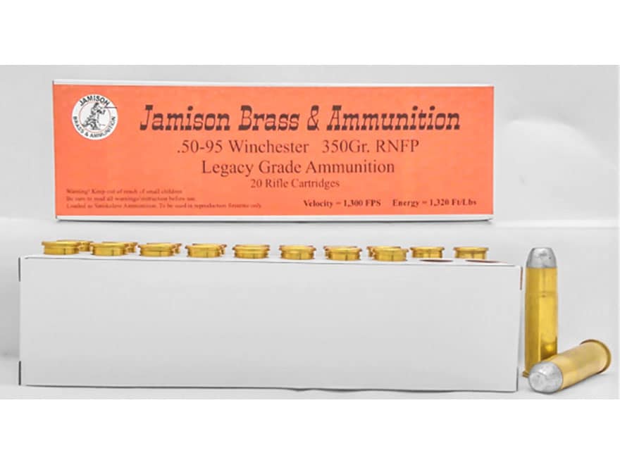 Jamison Brass & Ammo 50-95 WCF Ammo 350 Grain Flat Nose Box of 20