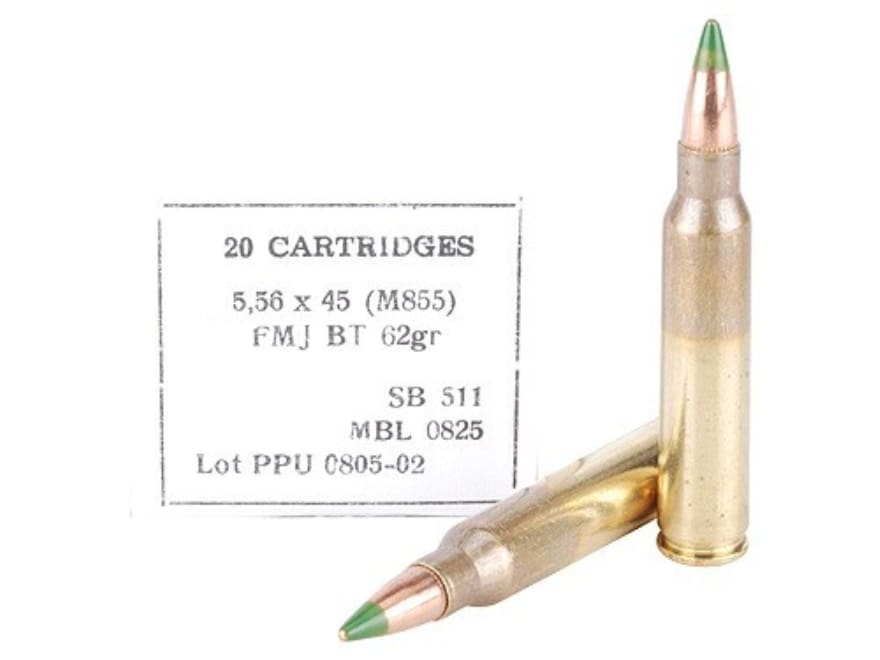PPU Ammo 5.56x45mm NATO 62 Grain M855 SS109 Penetrator Full Metal