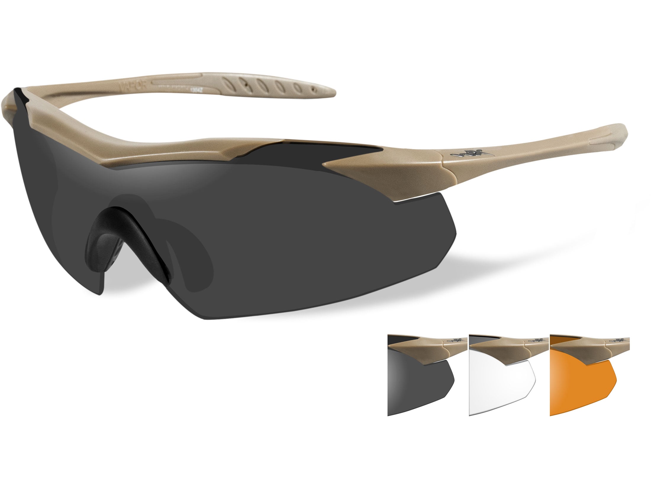 Wiley X WX Vapor Shooting Glasses Tan Frame Smoke Gray, Clear, Light