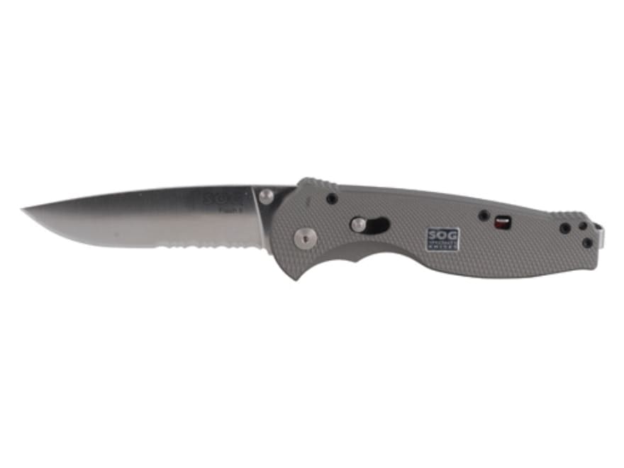 SOG Flash II Assisted Opening Knife 3.5 Serrated AUS 8 SS Drop Point