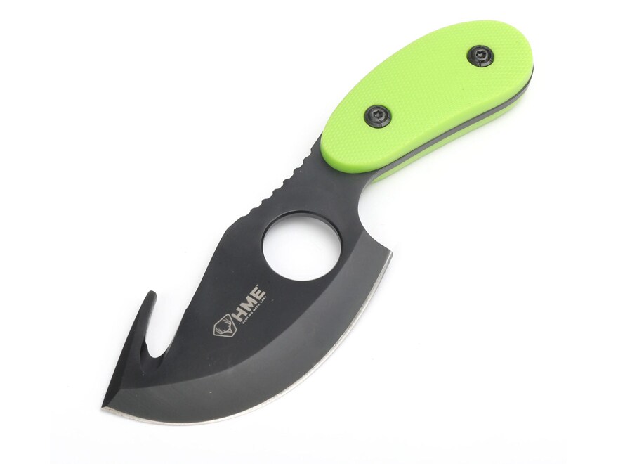 HME Gut Hook Fixed Blade Knife 4 Black 420HC SS Blade TPR Handle Green