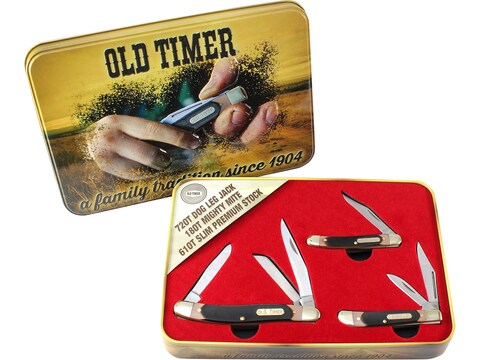 Old Timer 3-Piece Folding Knife Set SS Blades Bone Handles Brown Gift