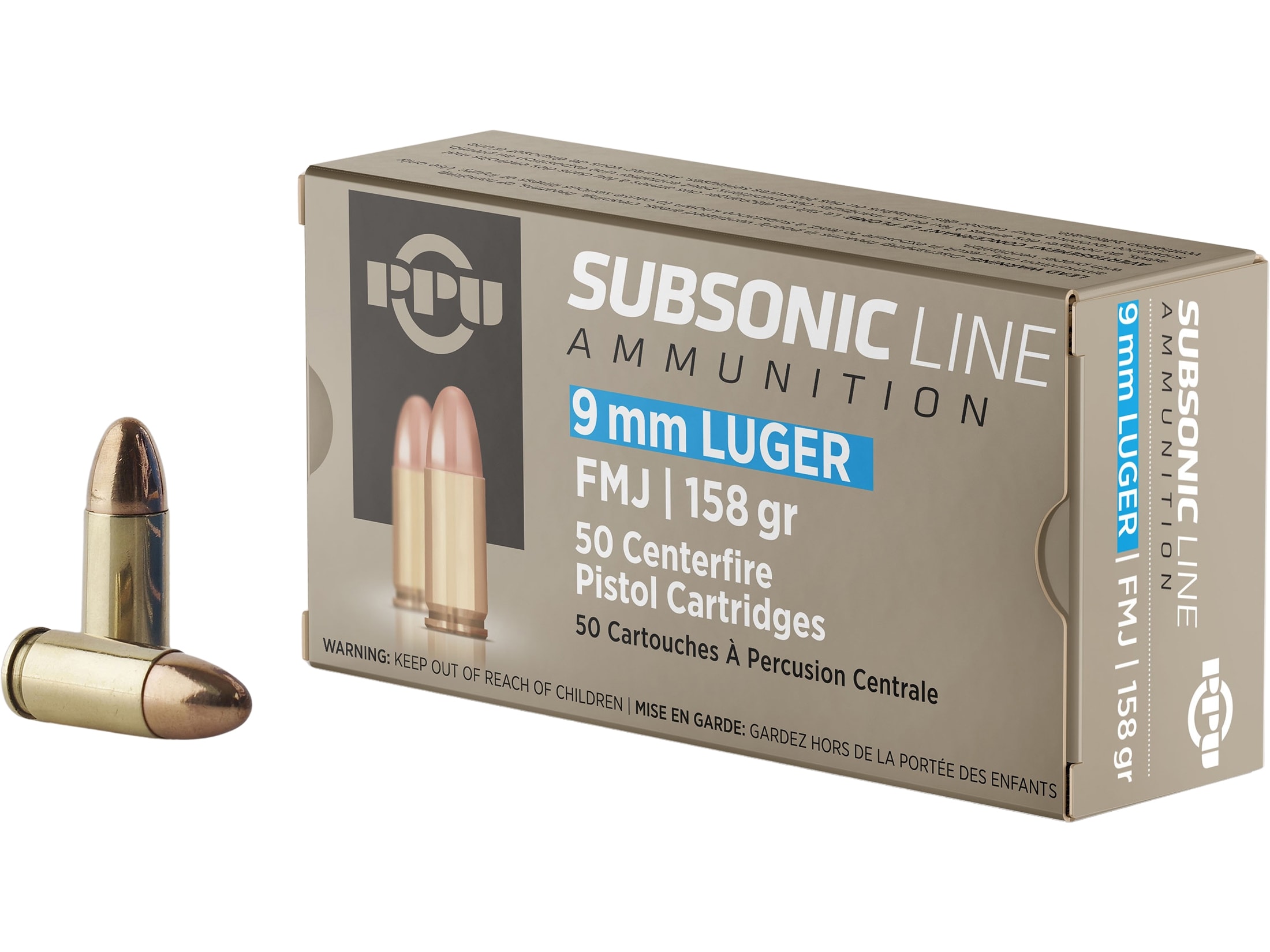 PPU Subsonic 9mm Luger Ammo 158 Grain Full Metal Jacket Box of 50