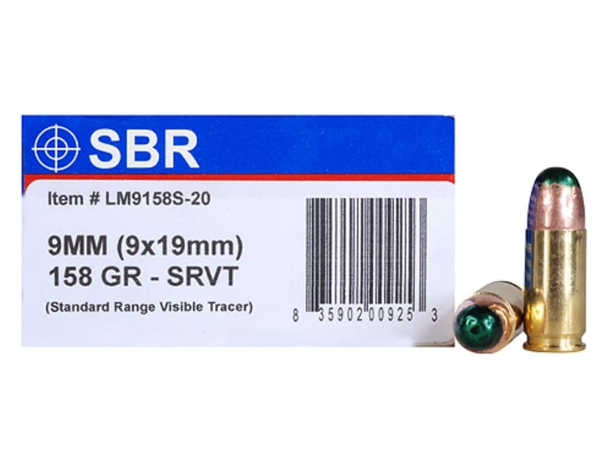 SBR LaserMatch Tracer Ammo 9mm Luger 158 Grain Full Metal Jacket SRVT