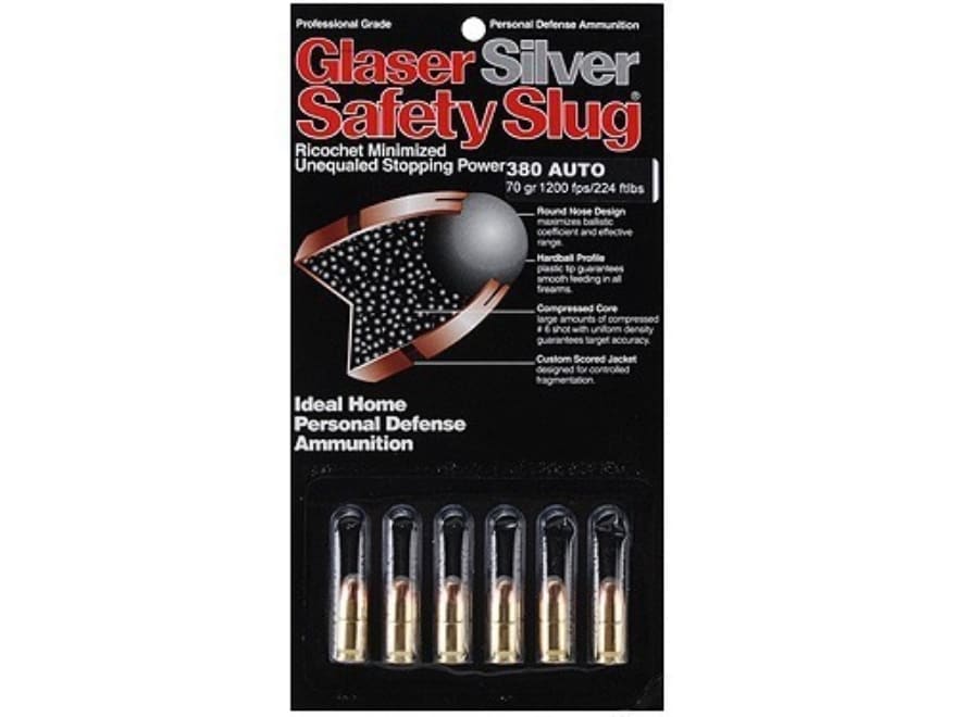 Glaser Silver Safety Slug Ammo 380 ACP 70 Grain Safety Slug 6PK