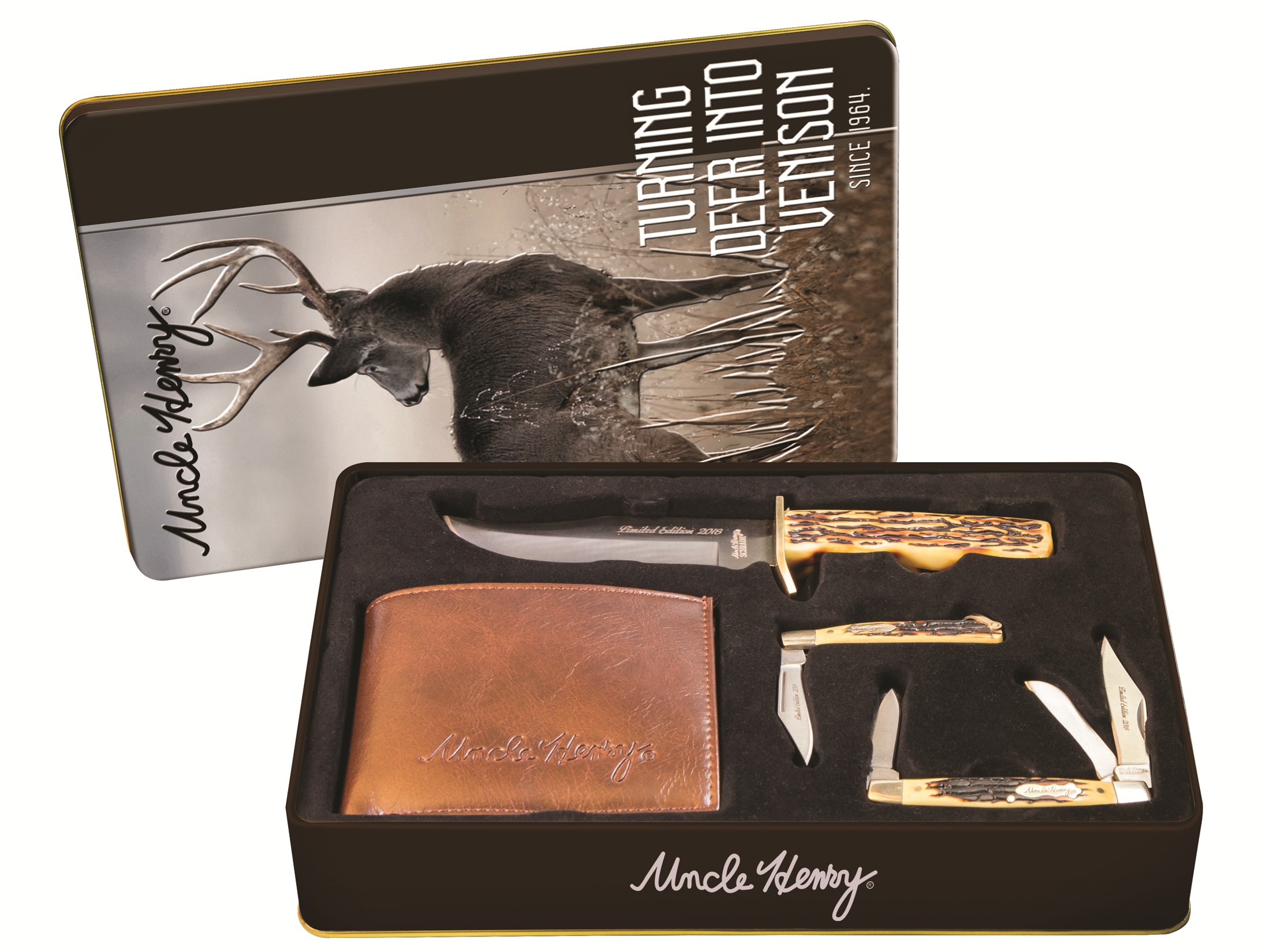 Uncle Henry 3 Piece Knife Gift Set Wallet 3Cr13 SS Blades Staglon