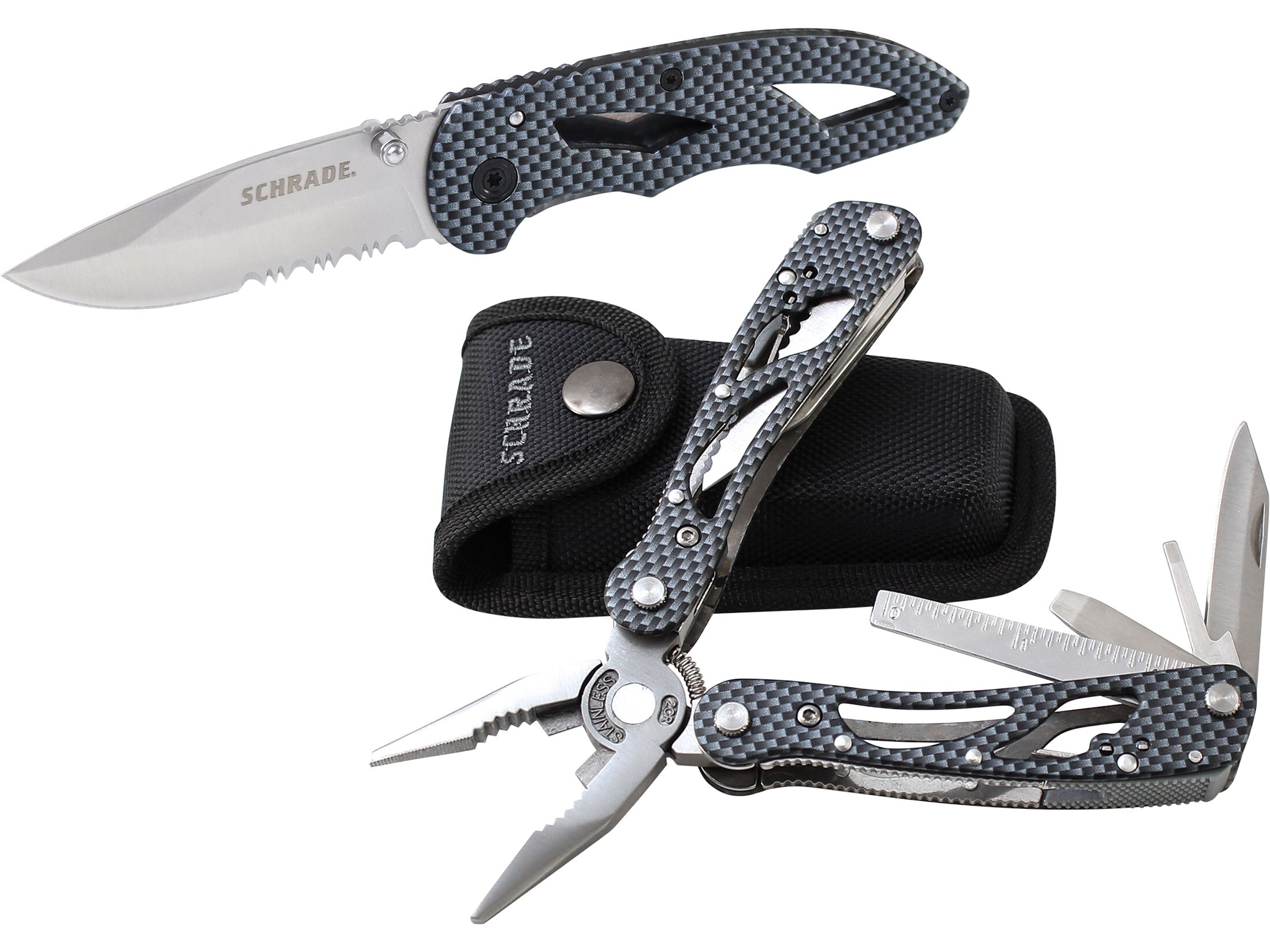 Schrade Multi-Tool Folding Knife Combo SS Blade Aluminum Handle Black