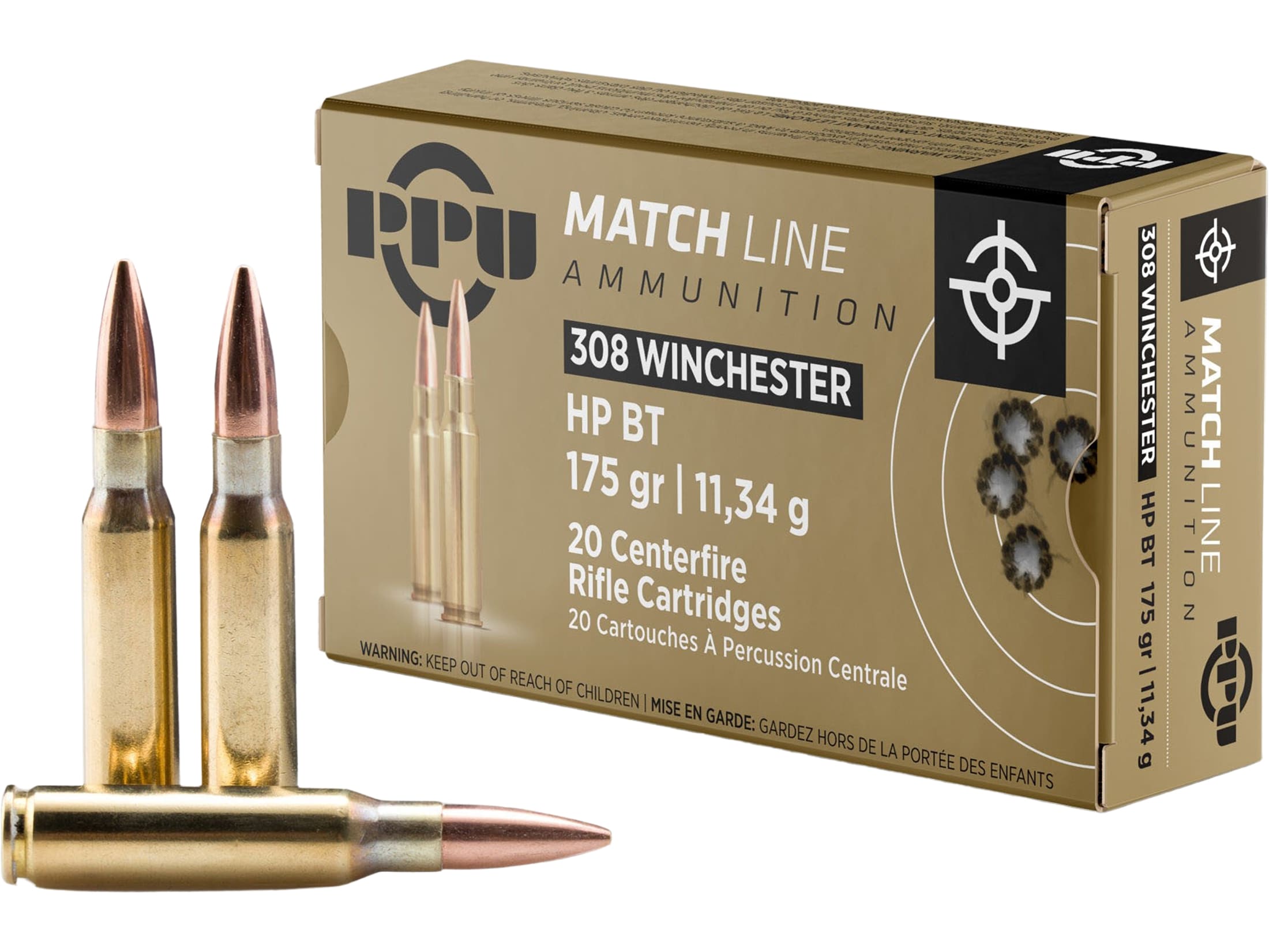 PPU Match 308 Winchester Ammo 175 Grain Jacketed Hollow Point Box of