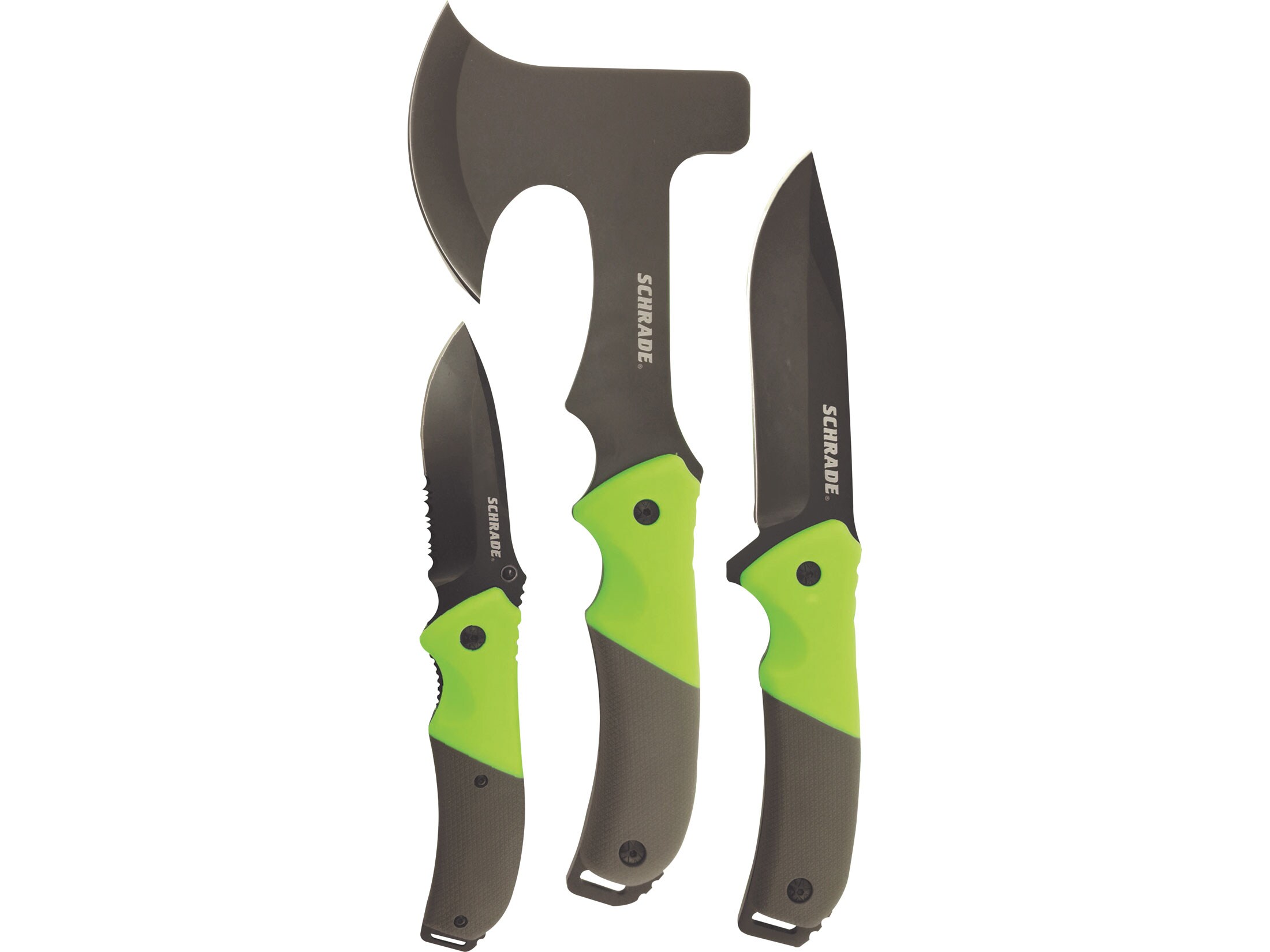 Schrade 3-Piece Outdoor Knife Axe Combo Rubber Handles Green