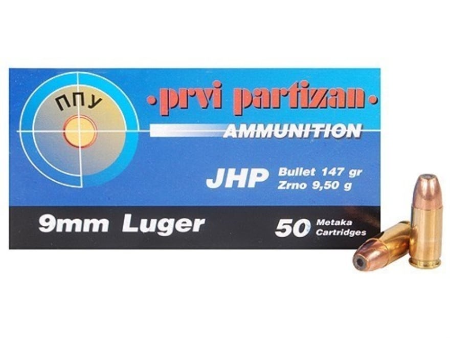 PPU Ammo 9mm Luger 147 Grain Jacketed Hollow Point Box of 50