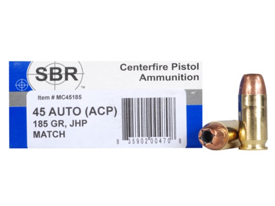 SBR Match Ammo 45 ACP 185 Grain Jacketed Hollow Point Box of 50