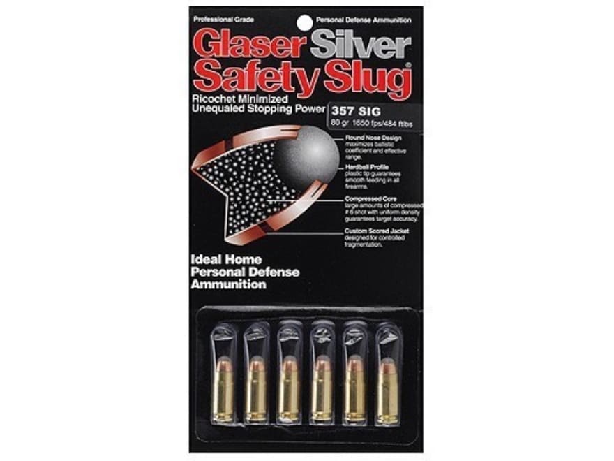 Glaser Silver Safety Slug Ammo 357 Sig 80 Grain Safety Slug 6PK
