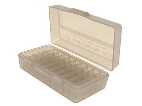 MTM Flip-Top Ammo Box 380 ACP 9mm Luger 50-Round Plastic Clear-Smoke