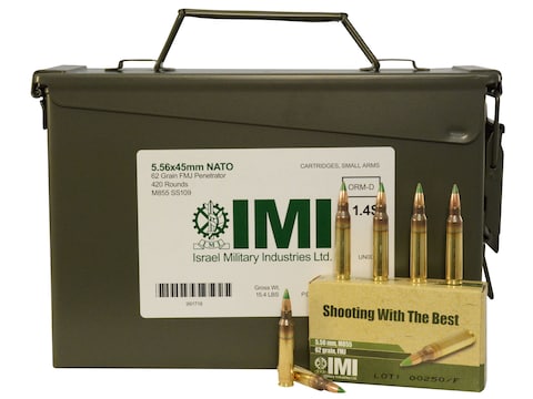 IMI Ammo 5.56x45mm NATO 62 Grain M855 SS109 Penetrator Full Metal