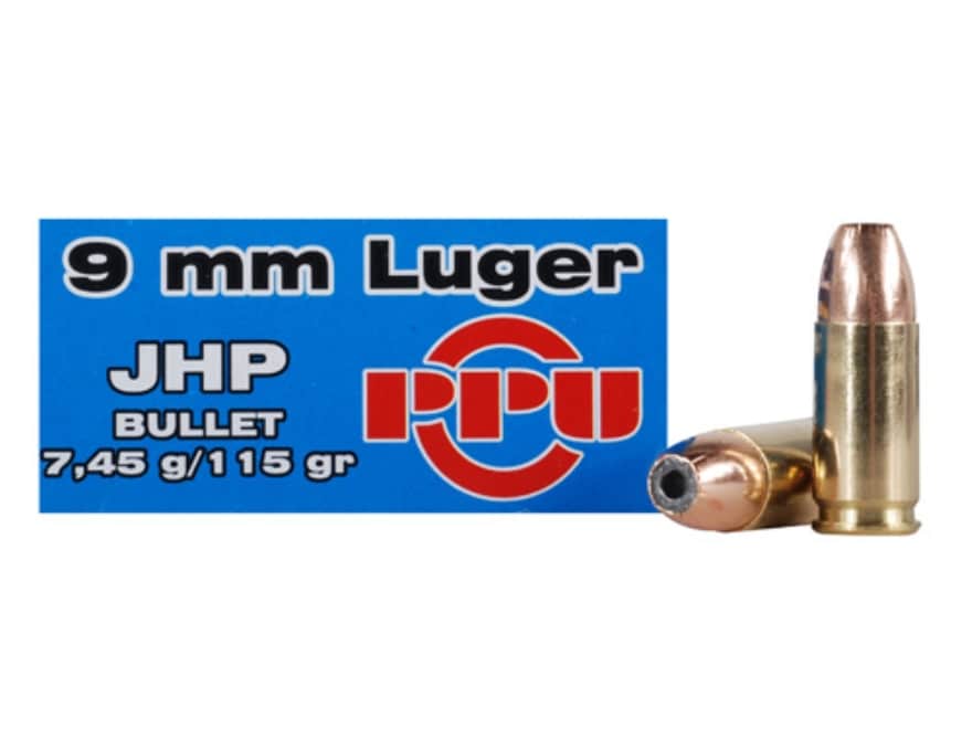 PPU Ammo 9mm Luger 115 Grain Jacketed Hollow Point Box of 50
